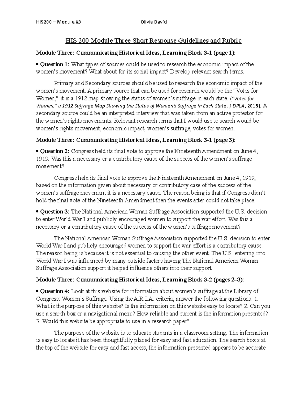 Olivia David HIS 200 Module Three Short Response - HIS 200 Module Three ...