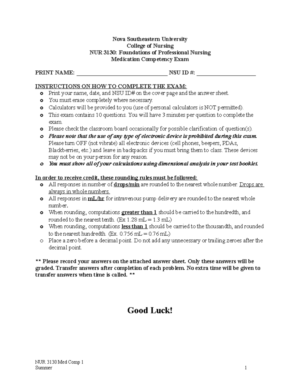 3130 Medication Competency Practice Exam W2021 - Nova Southeastern ...