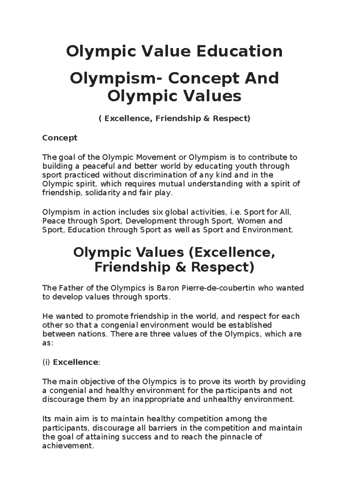 Olympic value education - Olympic Value Education Olympism- Concept And ...