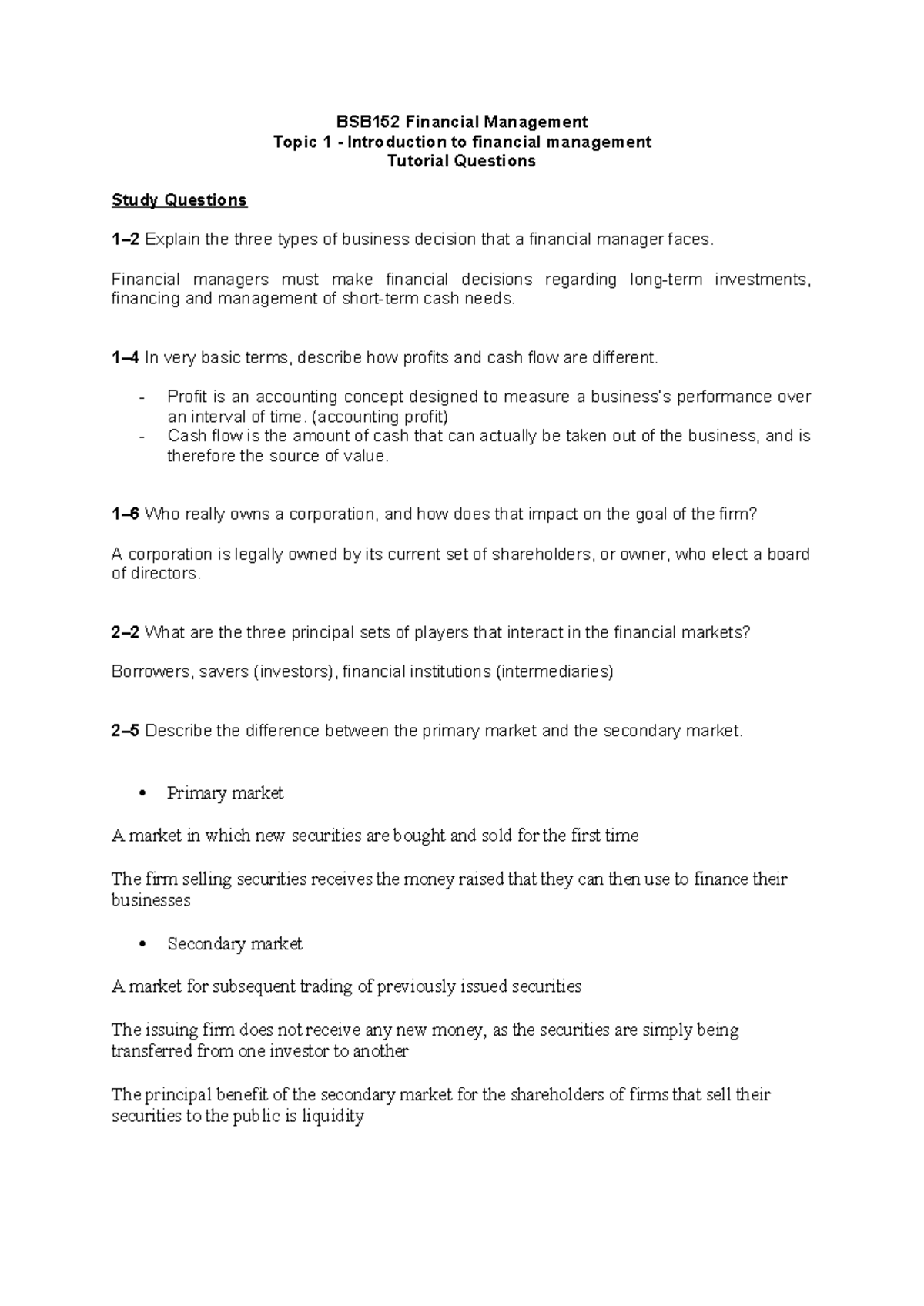BSB152 - Topic 1 Tutorial Questions - BSB152 Financial Management Topic ...