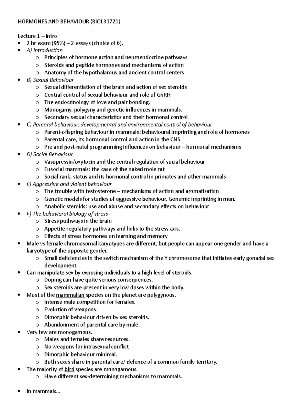 Hab Lecture Notes Hormones And Behaviour Biol31721 Lecture 1