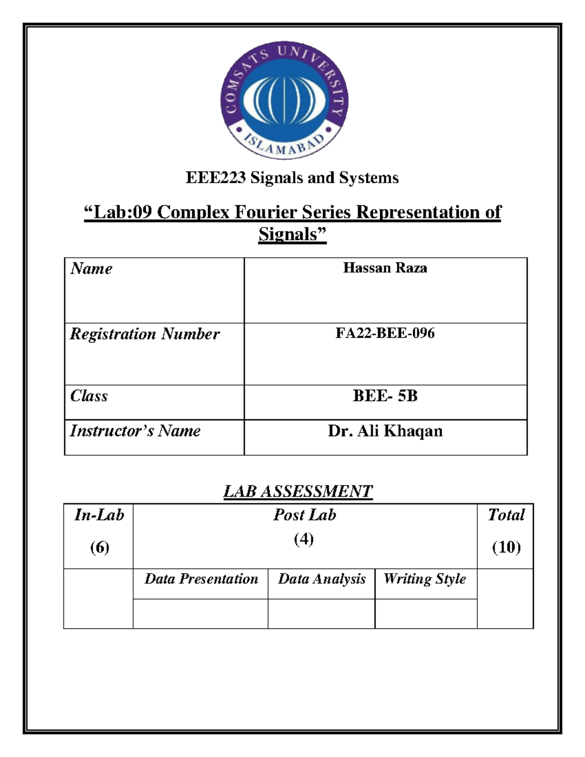Signals lab 9 - lab report 9 - EEE 223 Signals and Systems “Lab:09 ...