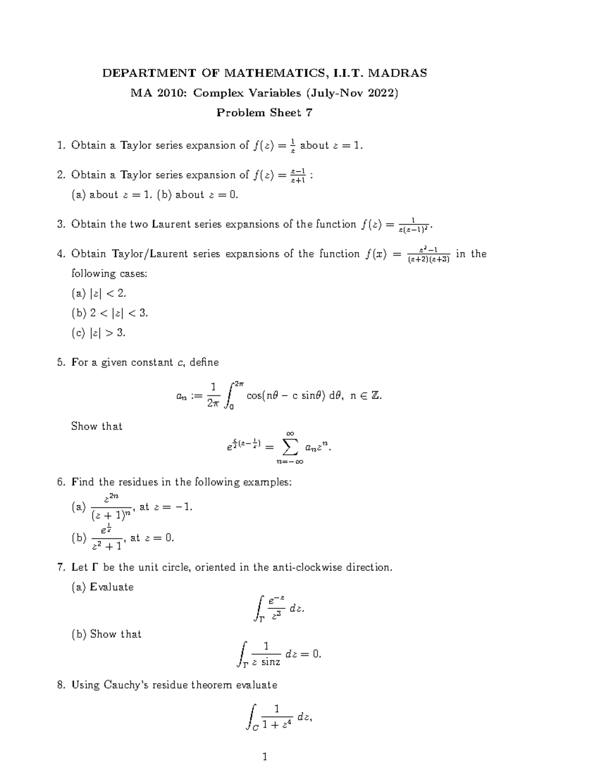 Ma2010 july2022 ps7 - problem sheet7 - DEPARTMENT OF MATHEMATICS, I. MADRAS MA 2010: Complex ...
