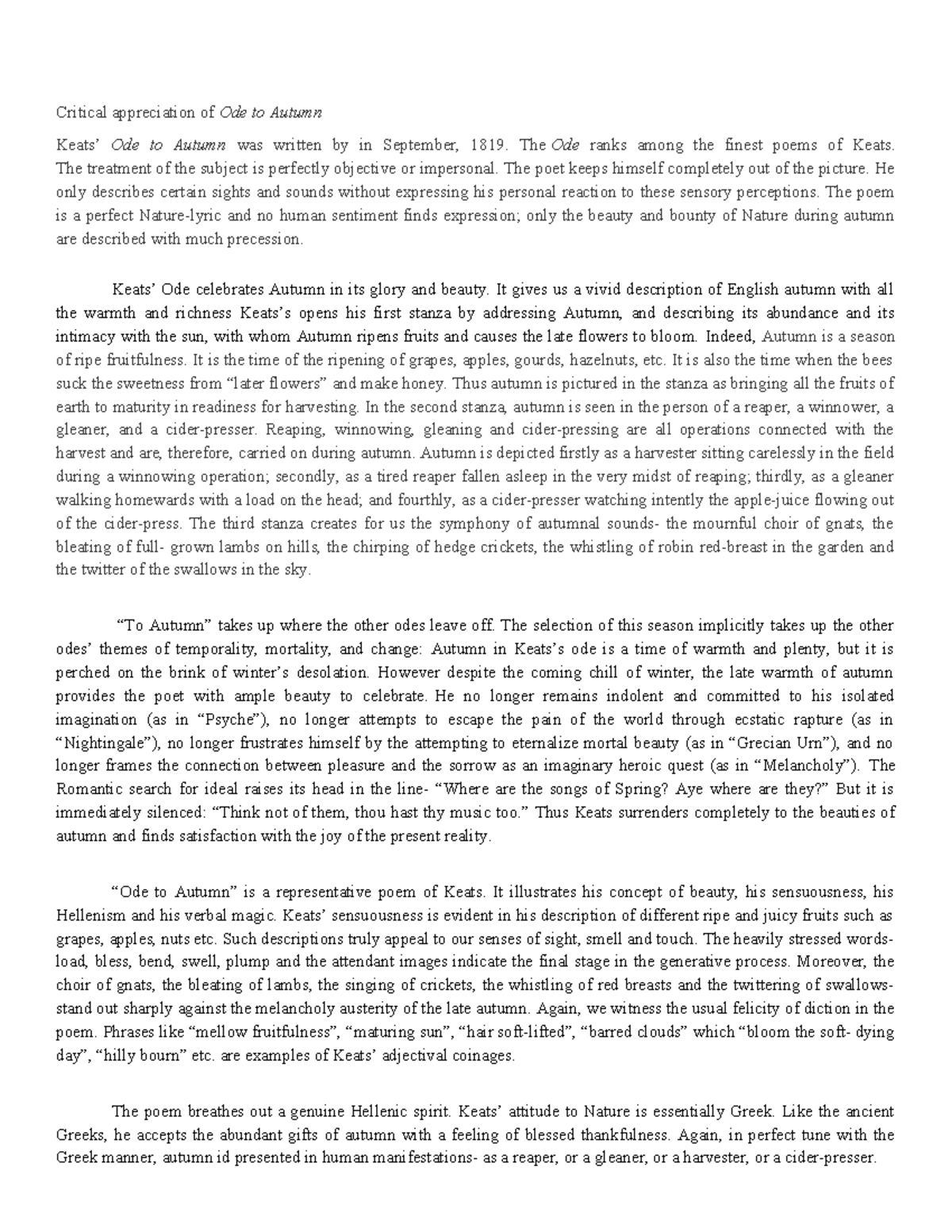 Ode to autumn critical analysis - Critical appreciation of Ode to ...