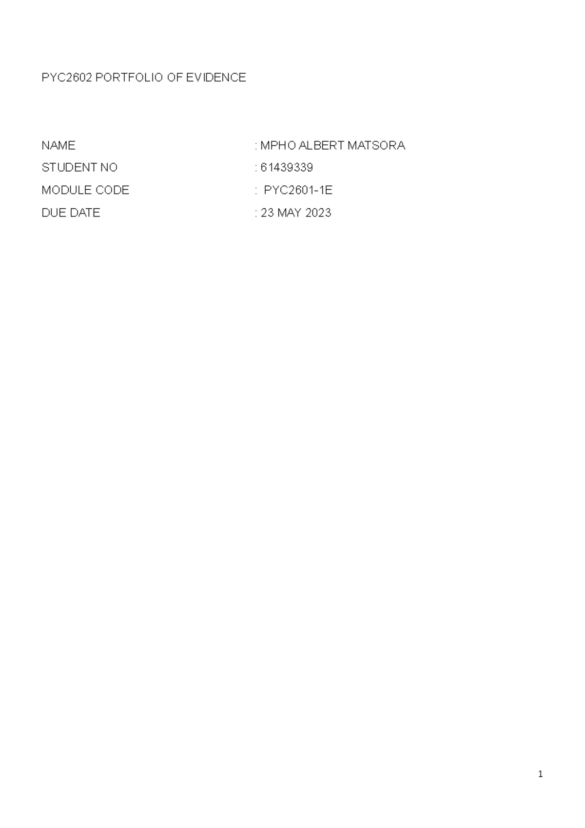 PYC2602 Portfolio OF Evidence 2023 - PYC2602 PORTFOLIO OF EVIDENCE NAME ...