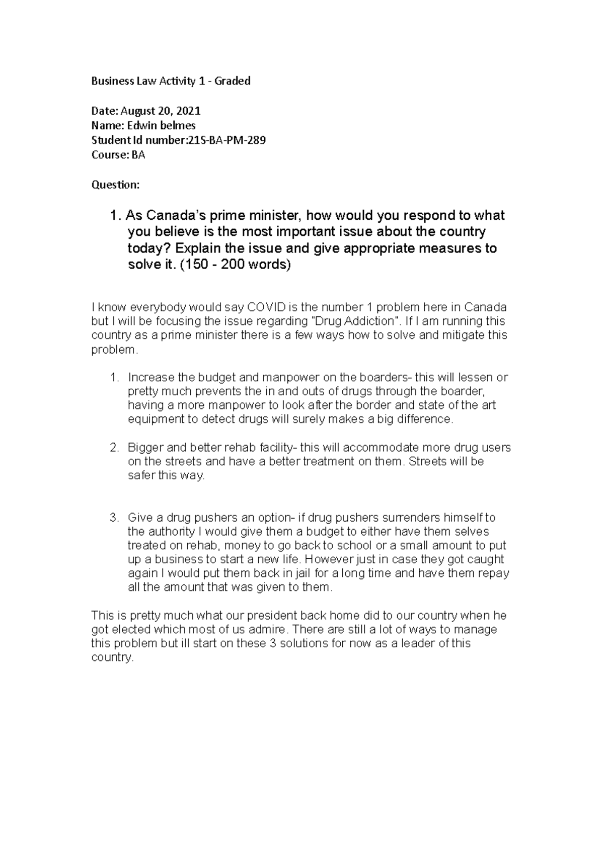 Business Law Activity 1 - As Canada’s prime minister, how would you ...