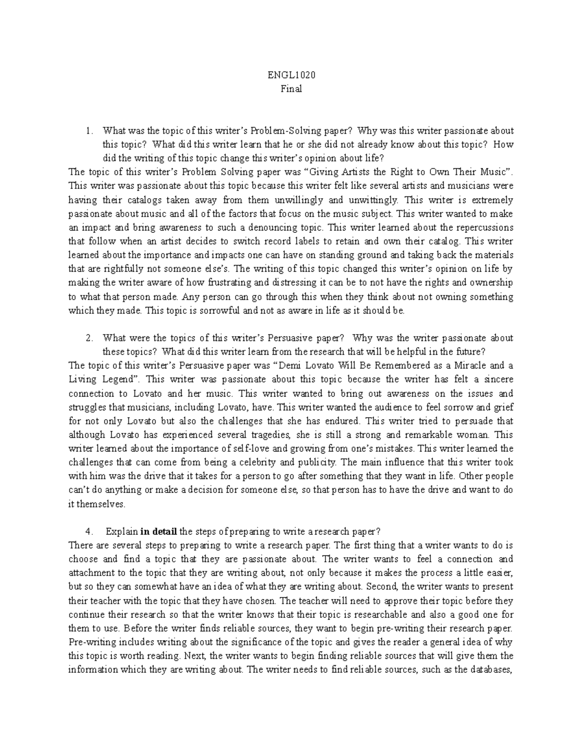 ENGL 1020-8 Week Class-Final - ENGL Final What was the topic of this ...