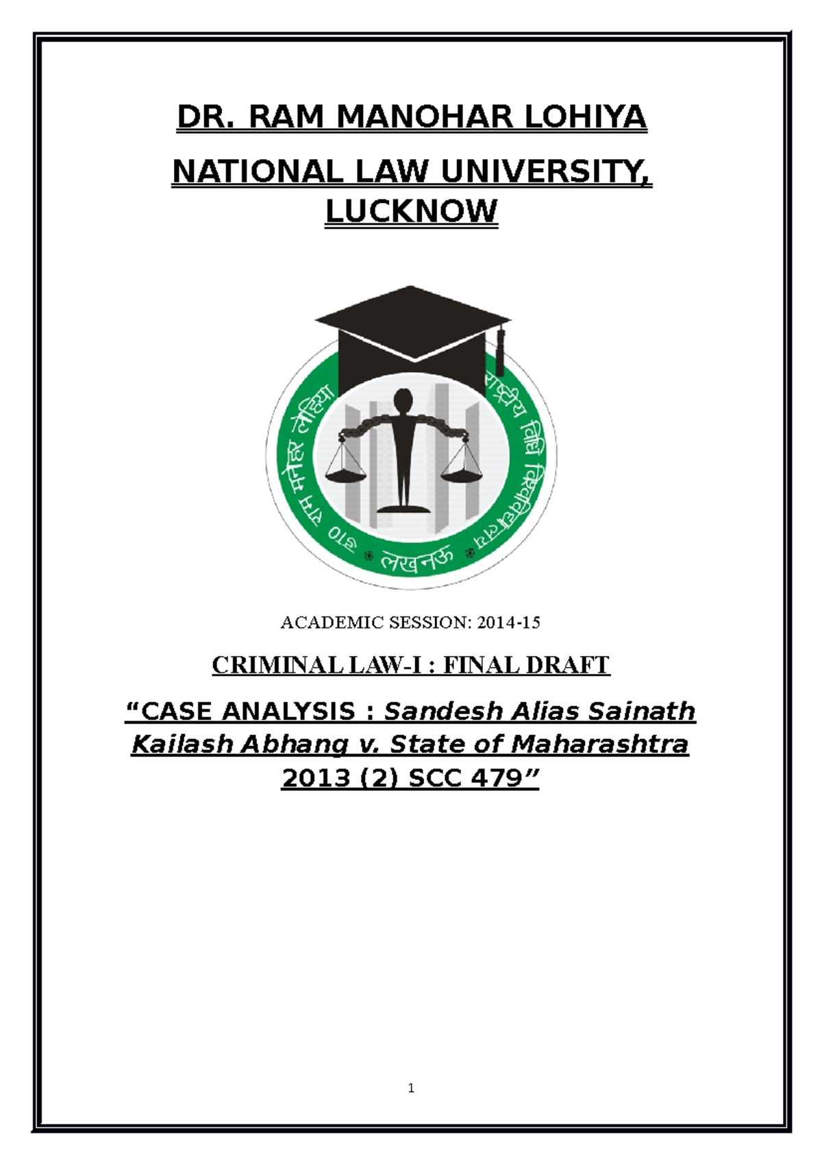 Criminal Law Project on CASE Analysis Sa - Corporate Law - Studocu