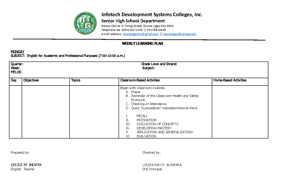 Sample template of Weekly Learning Plan - Infotech Development Systems ...