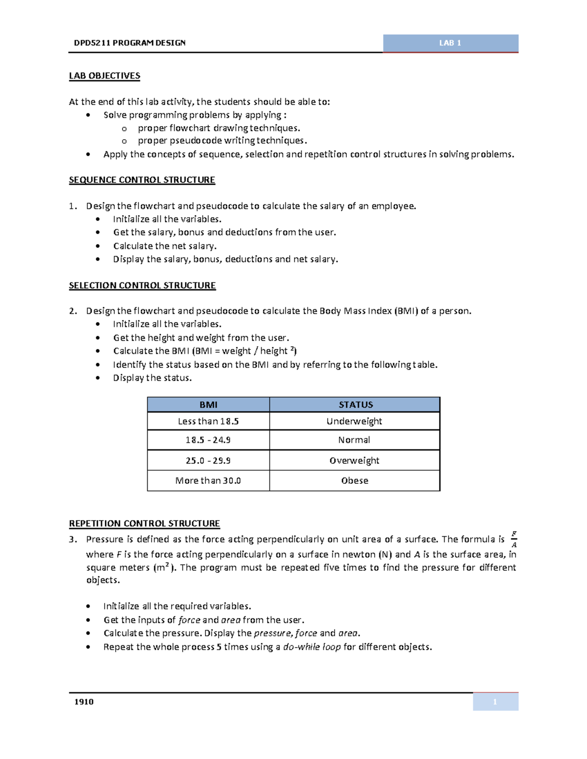 program design note - DPD5211 PROGRAM DESIGN LAB 1 1910 1 LAB ...