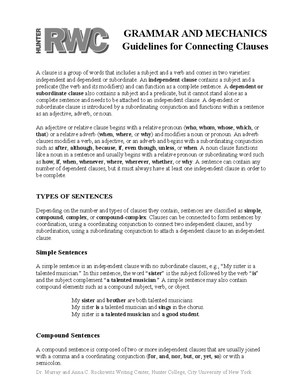 Guidelines for Connecting Clauses - Dr. Murray and Anna C. Rockowitz ...