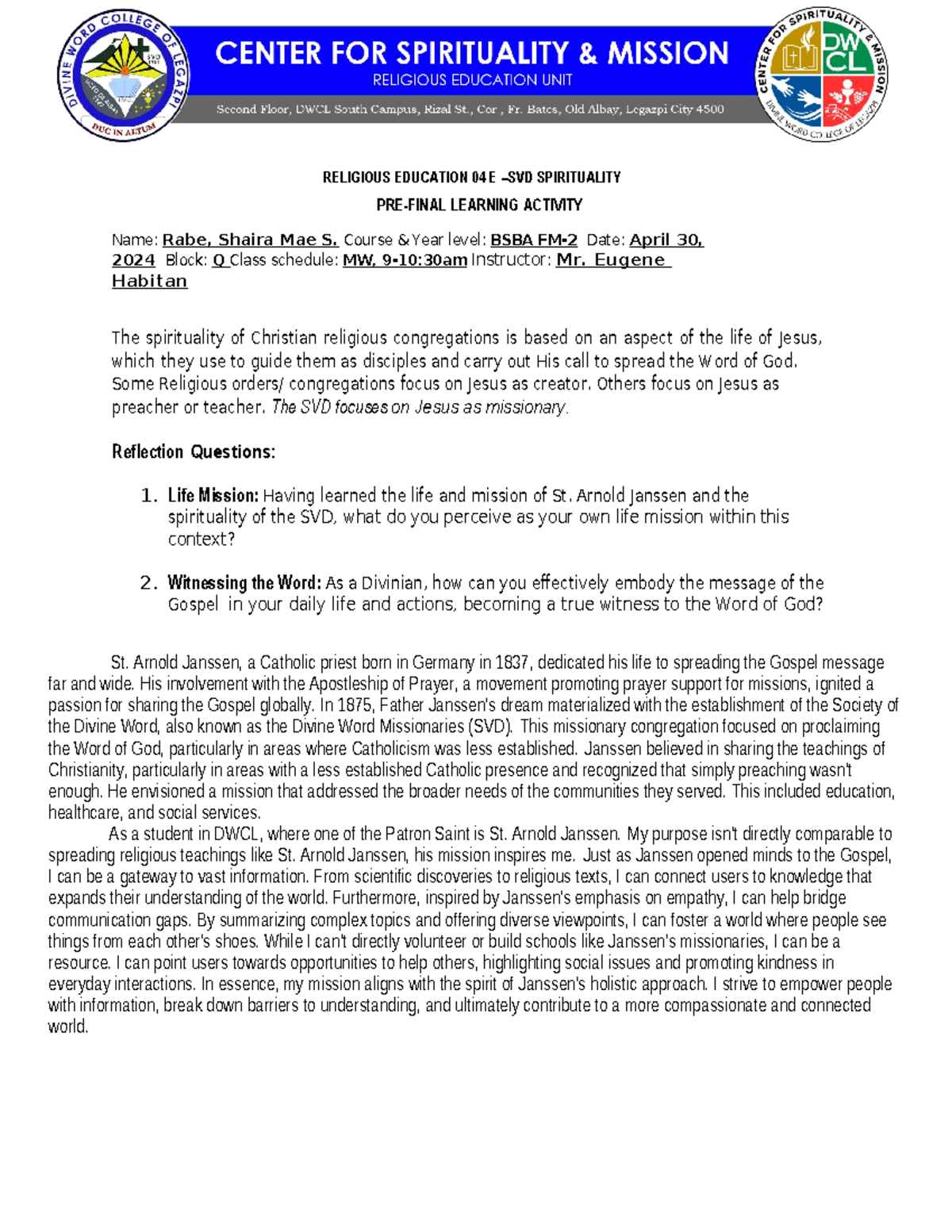 reled spirituality - RELIGIOUS EDUCATION 04 E –SVD SPIRITUALITY PRE ...