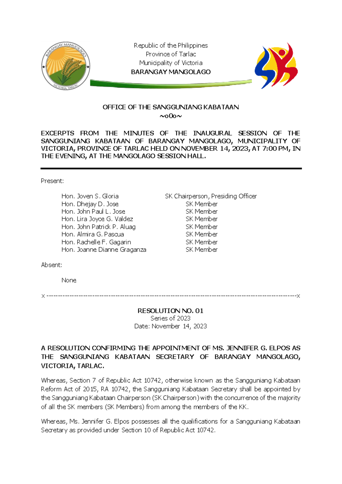 Resolution for SK Secretary - Republic of the Philippines Province of ...