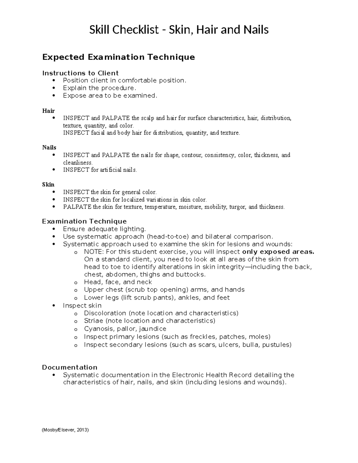 Skin Hair and Nails Lab - Skill Checklist - Skin, Hair and Nails ...