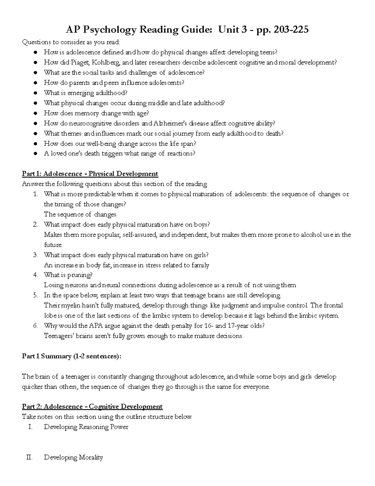 AP Psychology Reading Guide: Unit 3 pp. Questions to consider as you ...