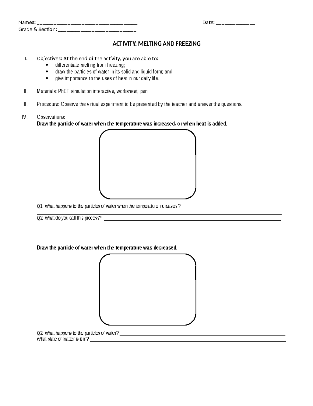 Activity Sheet Melting AND Freezing - Names ...