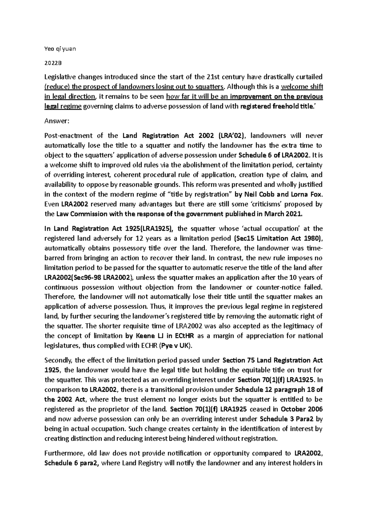 2022B-E-AP - Adverse possession- essay for UOL PYQ 2022 May - Yeo qi ...