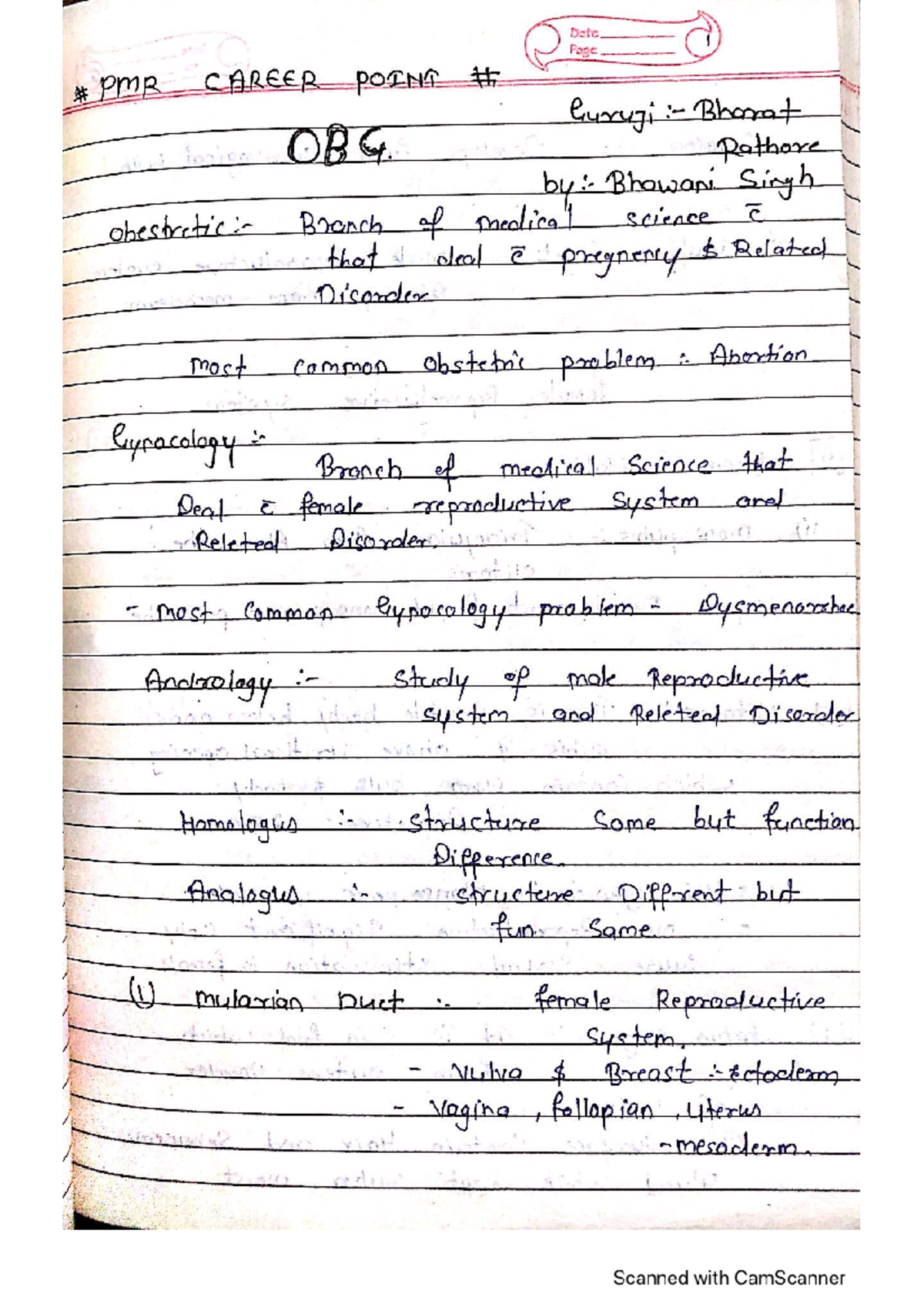 Ob G hand written notes - Date 1 Page PMR CAREER POINT Bharat Rathore ...