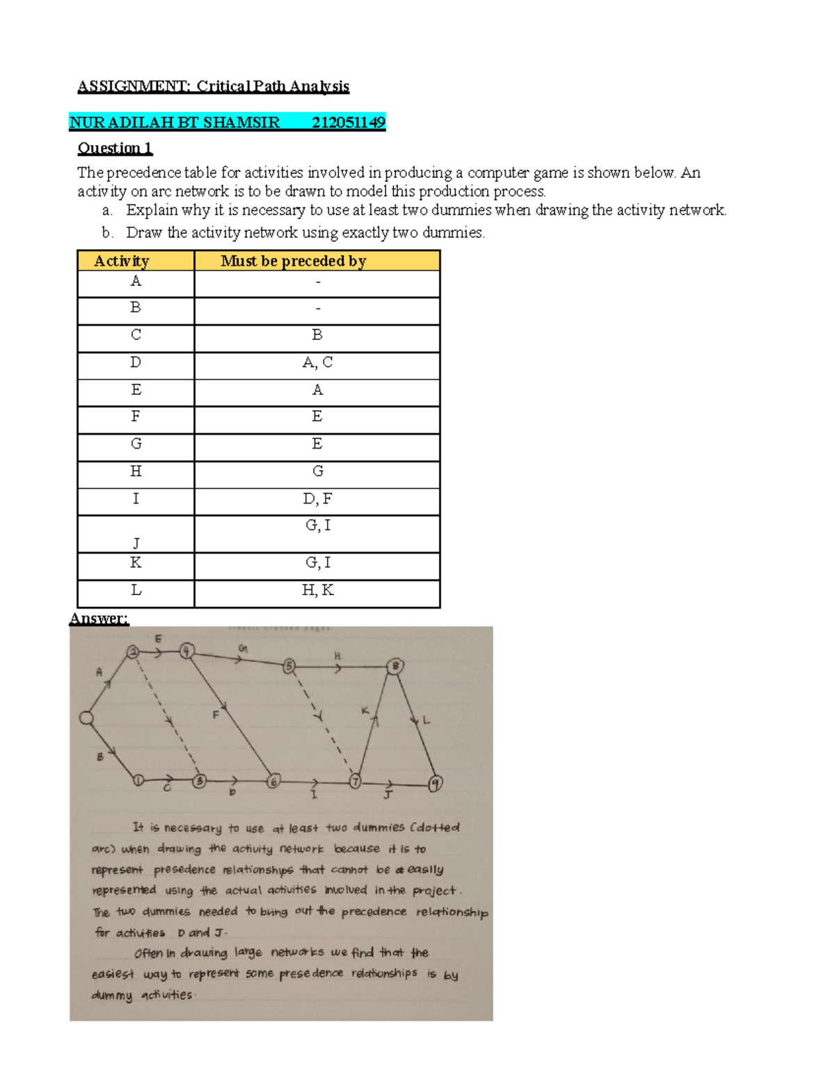 NUR Adilah BT Shamsir 212051149 Assignment - Critical PATH Method MDJ22102 - NUR ADILAH BT ...