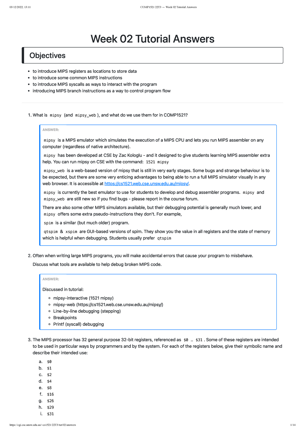 COMP1521 22T3 — Week 02 Tutorial Answers - Week 02 Tutorial Answers O b j e c t i ve s to ...