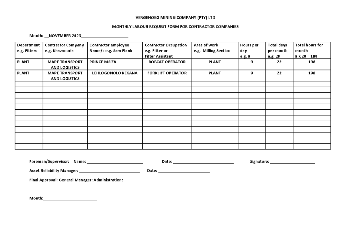 Labour Request Form PL - VERGENOEG MINING COMPANY (PTY) LTD MONTHLY ...