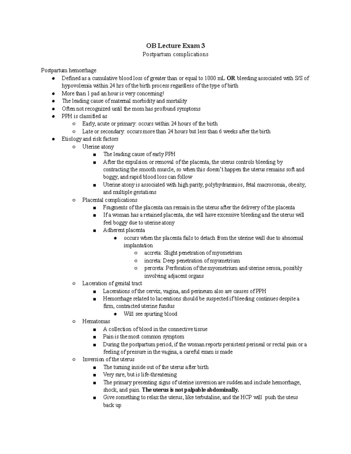 OB Lecture Exam 3- postpartum complications - OB Lecture Exam 3 ...