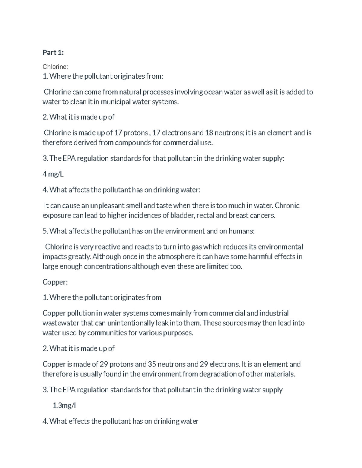 Water Lab 1 assignmebt - Part 1: Chlorine: Where the pollutant ...