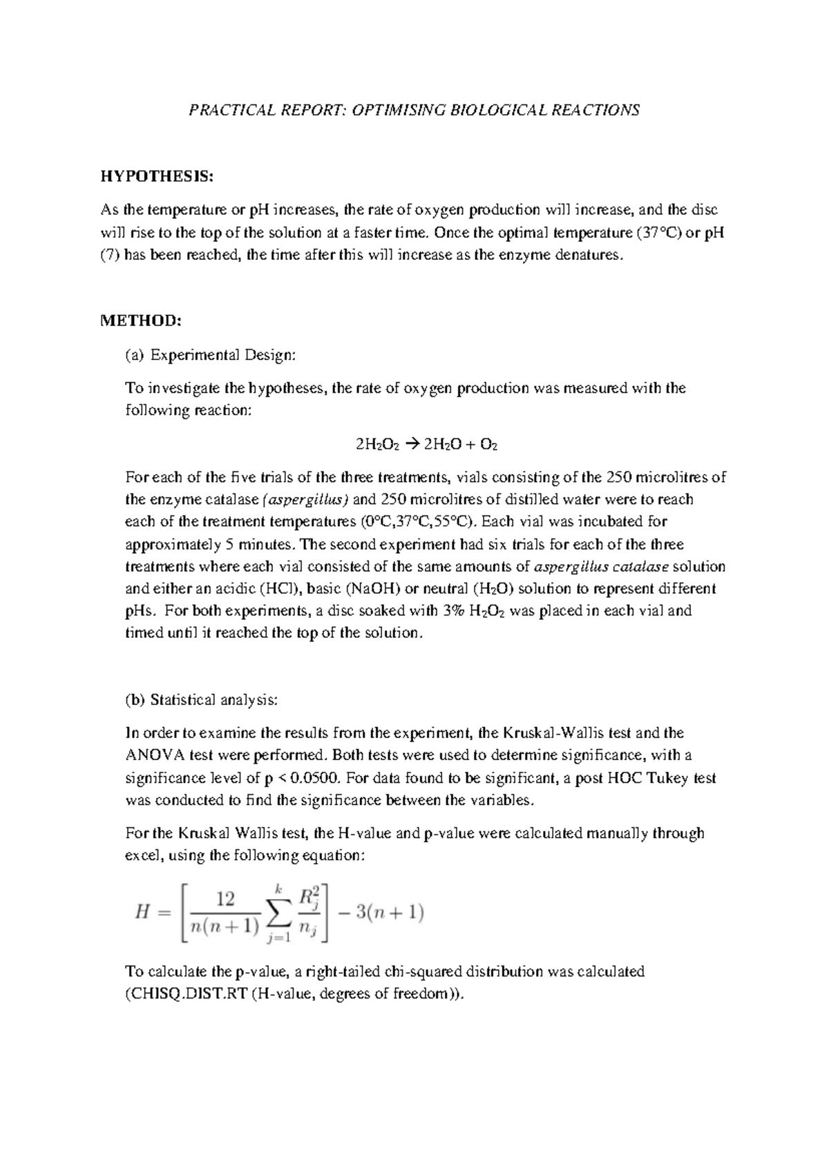 BIOL10008 Practical Report - PRACTICAL REPORT: OPTIMISING BIOLOGICAL ...