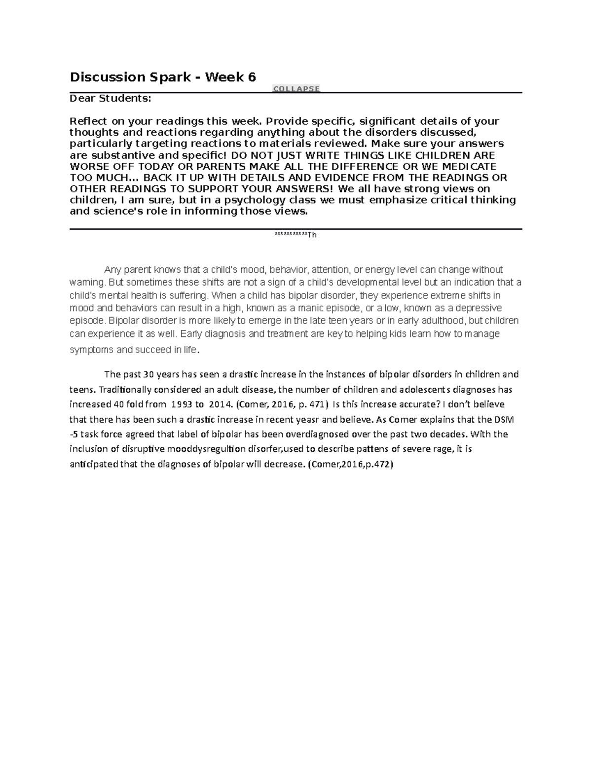 Wk6spark - wk 6 spark discussion - Discussion Spark - Week 6 COLLAPSE ...