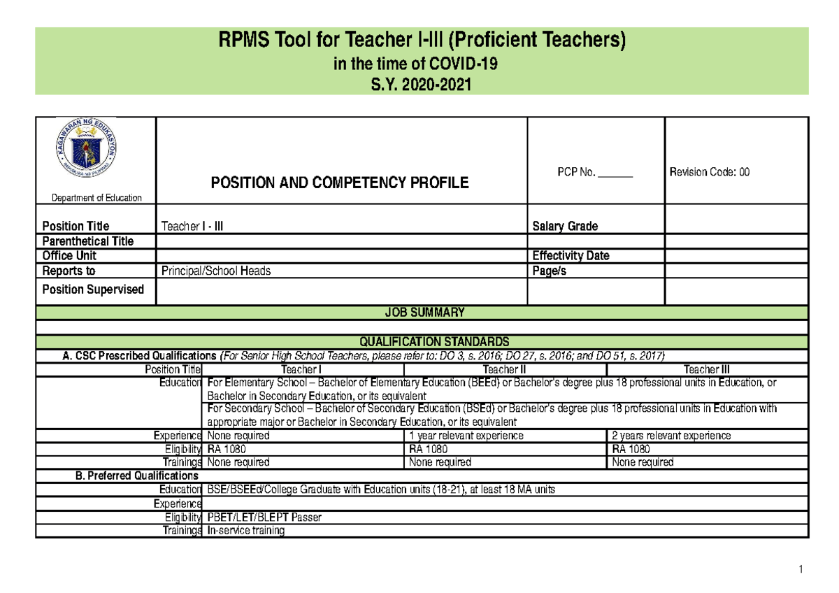 [Appendix 1] RPMS Tool for T I-III SY 2020-2021 in the time of Covid-19 ...