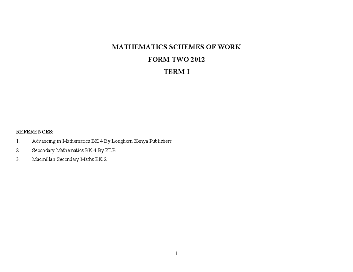Math Scheme Form 2 - Notes - MATHEMATICS SCHEMES OF WORK FORM TWO 2012 ...