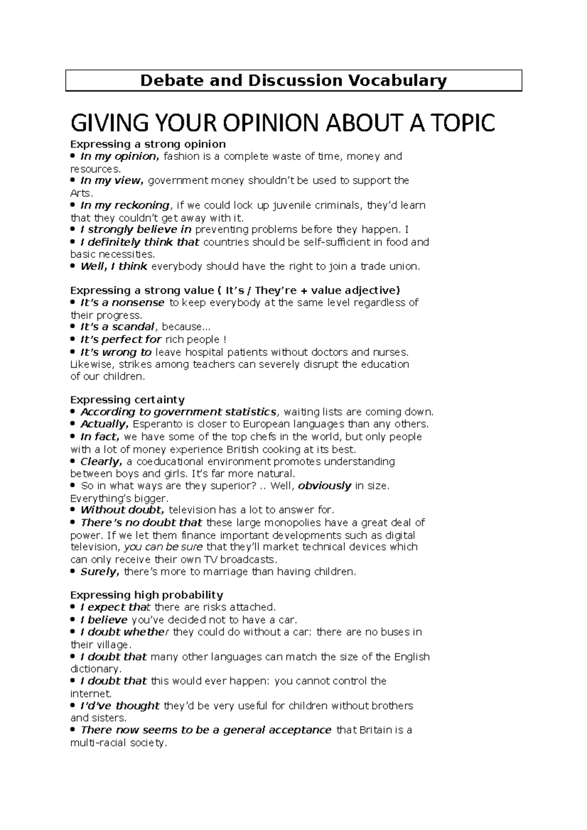 Debate and Discussion Vocabulary 2 - Debate and Discussion Vocabulary ...