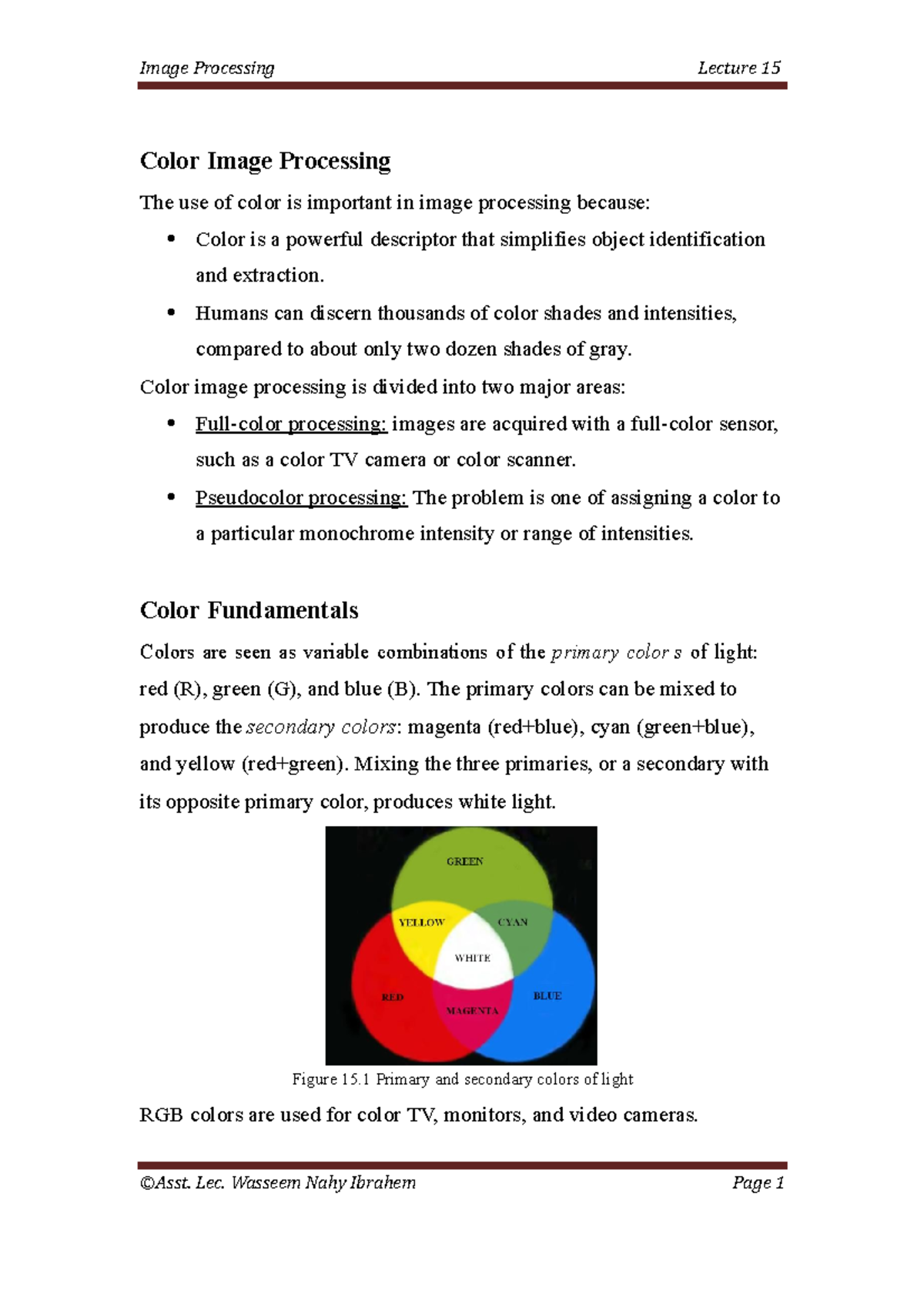 Dip Lecture 15 Image Processing Lecture 15 ©asst Lec Wasseem Nahy