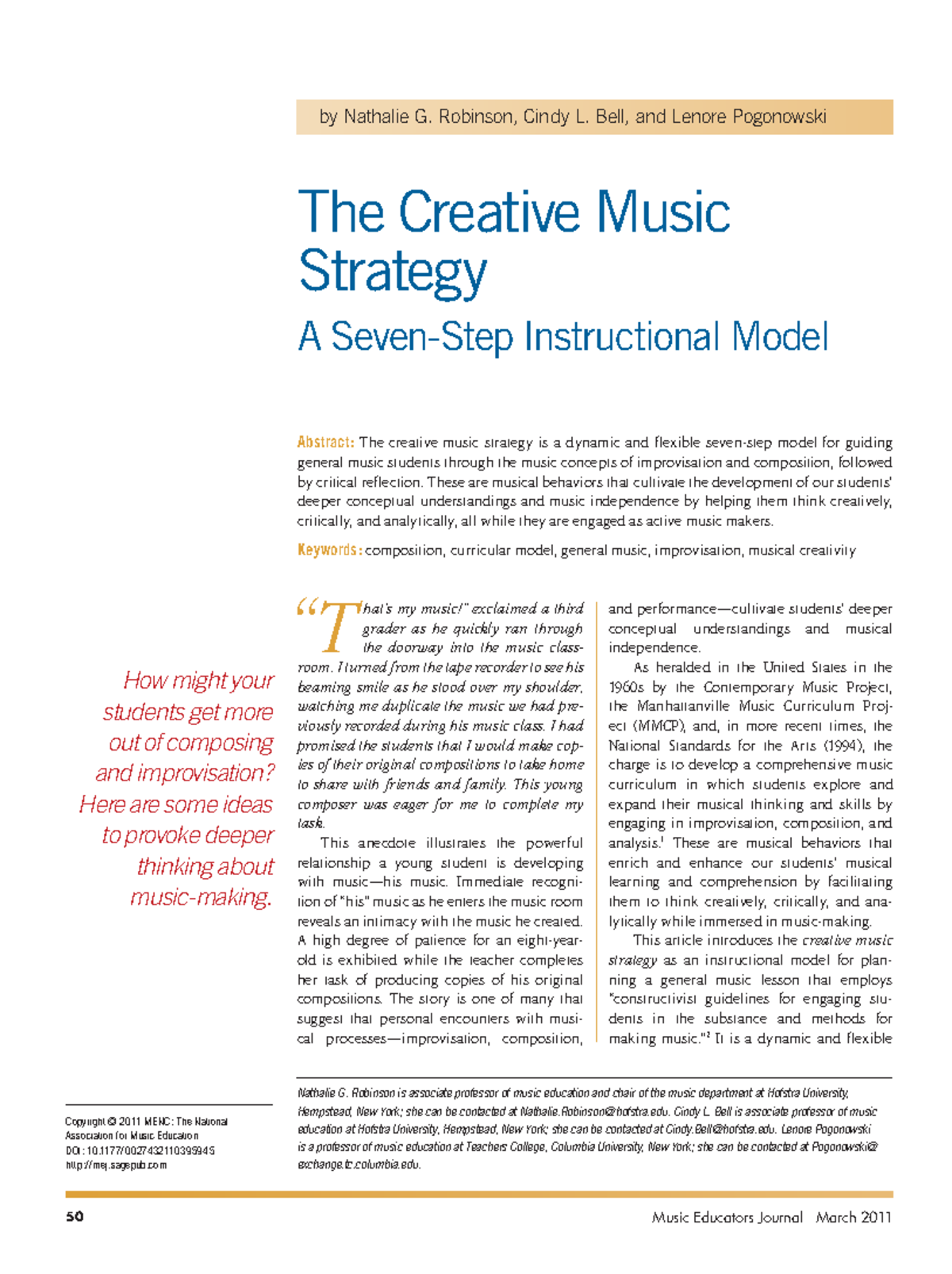 Creative Music Strategy - 50 Music Educators Journal March 2011 ...