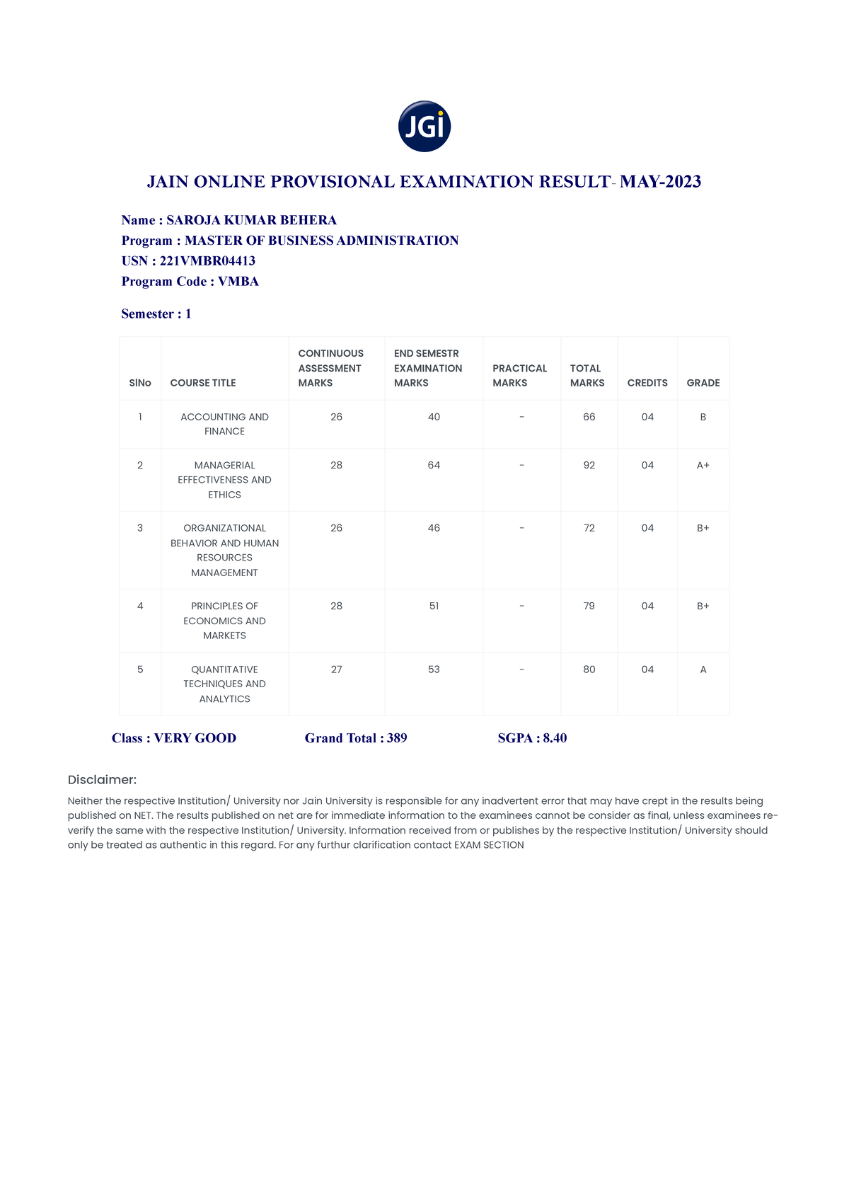 1st SEM Marksheet - JAIN ONLINE PROVISIONAL EXAMINATION RESULT- MAY ...