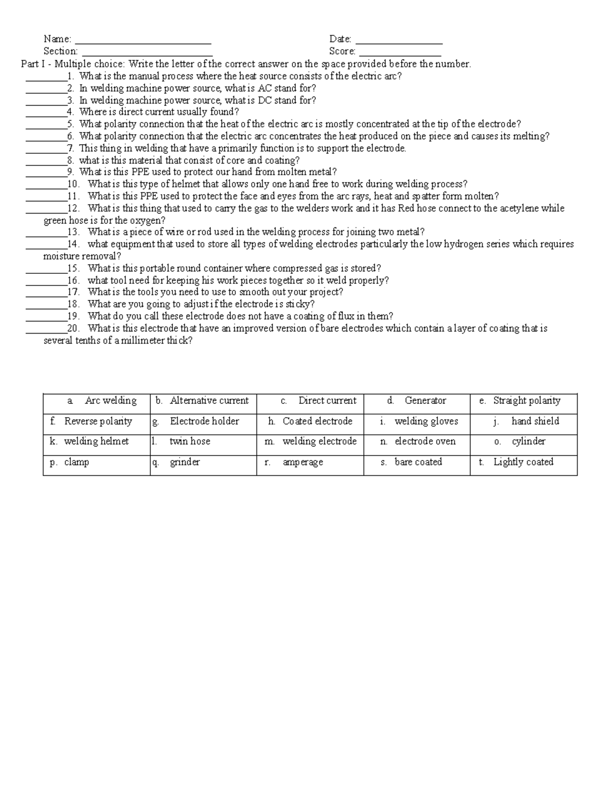 Quiz smaw 3rd - Grade 9 SMAW - Name: _________________________ Date ...