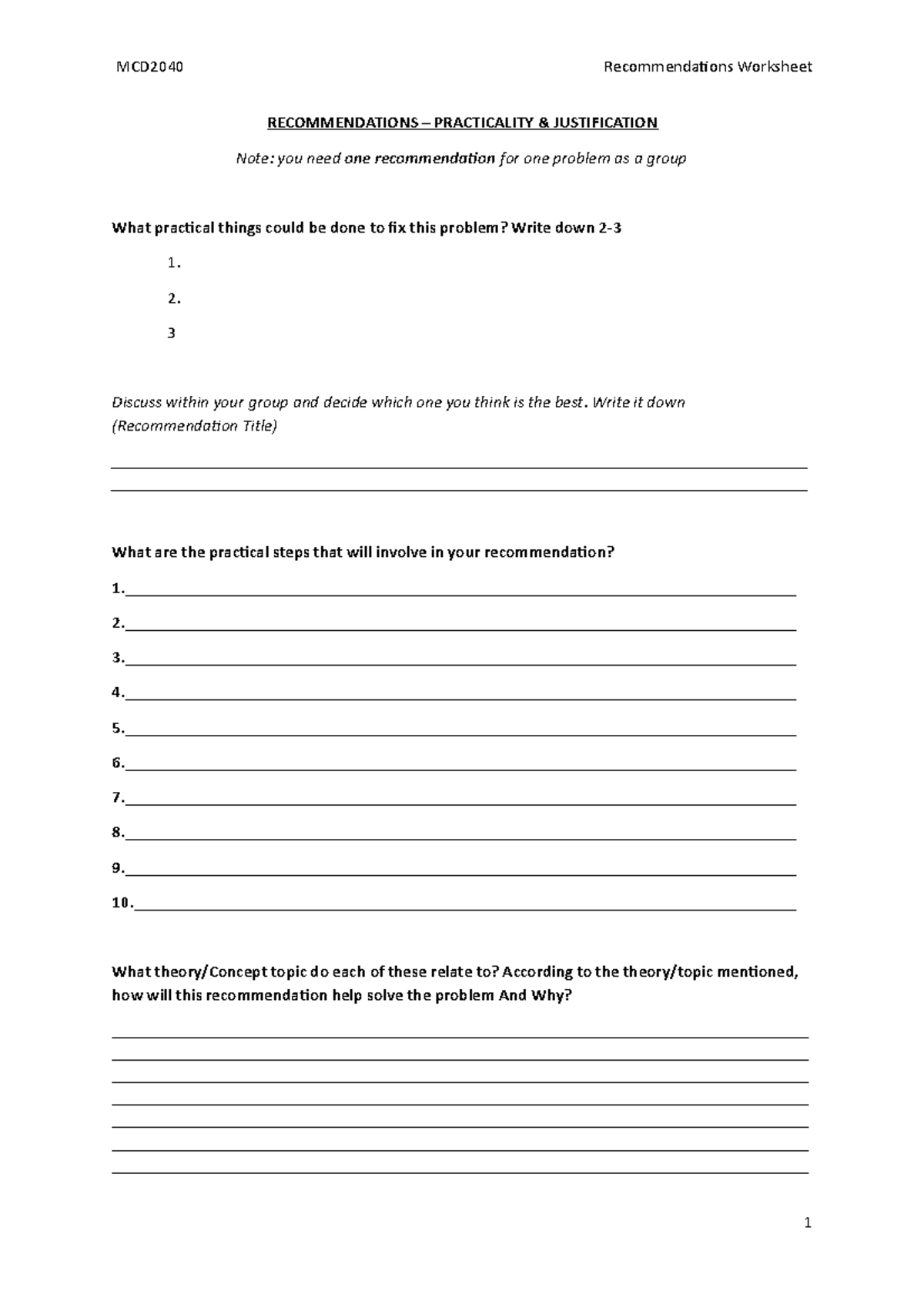 MCD2040 Recommendations Worksheet - MCD2040 Recommendations Worksheet ...