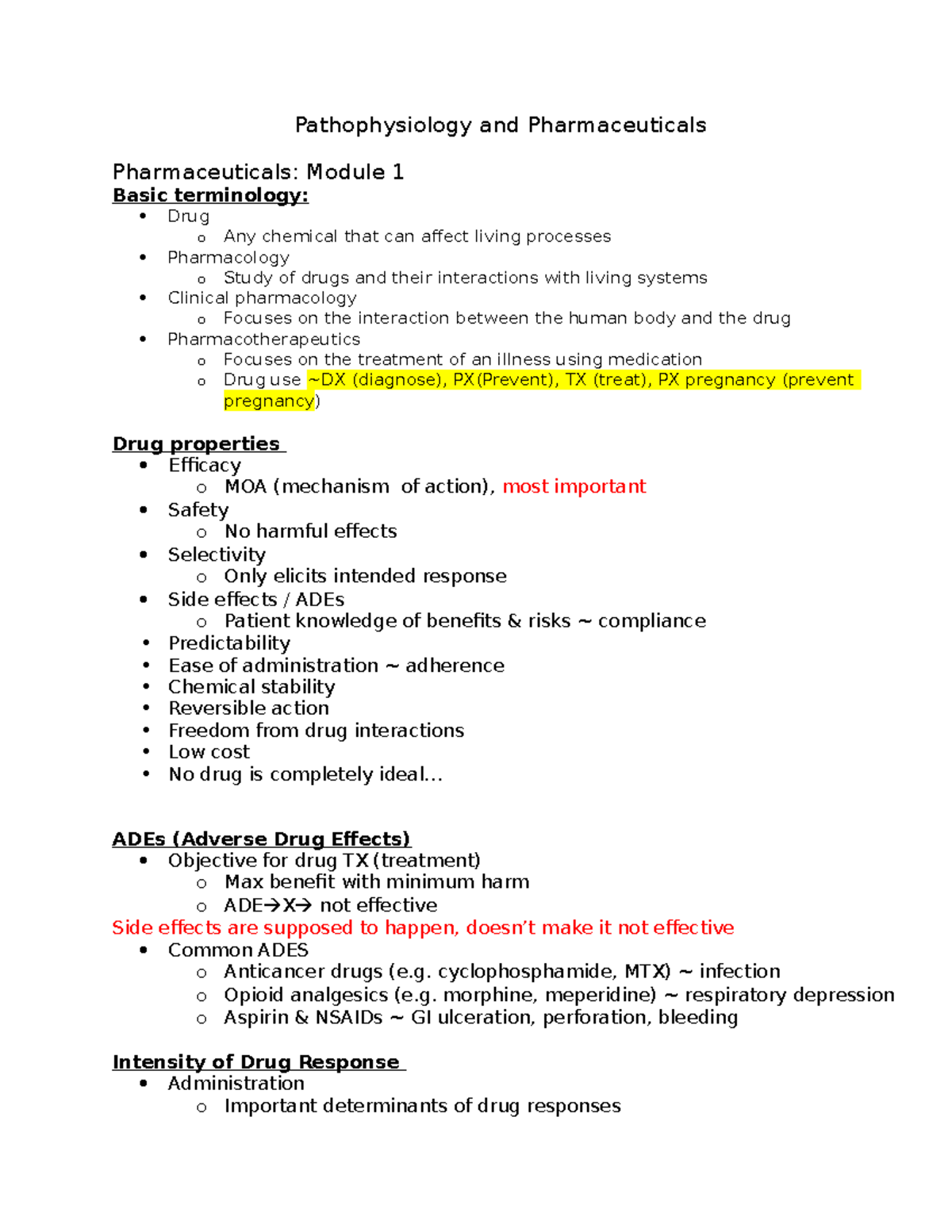 MOD 1&2 - Lecture notes Lecture 1 - Pathophysiology and Pharmaceuticals ...