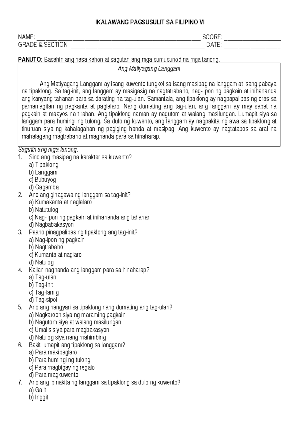 Ikalawang Pagsusulit SA Filipino VI - IKALAWANG PAGSUSULIT SA FILIPINO ...