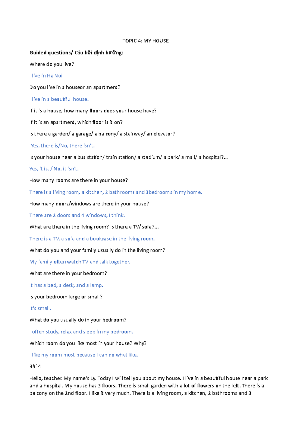 Topic 4 My House - TOPIC 4: MY HOUSE Guided questons/ Câu h i đ nh hỏ ị ...