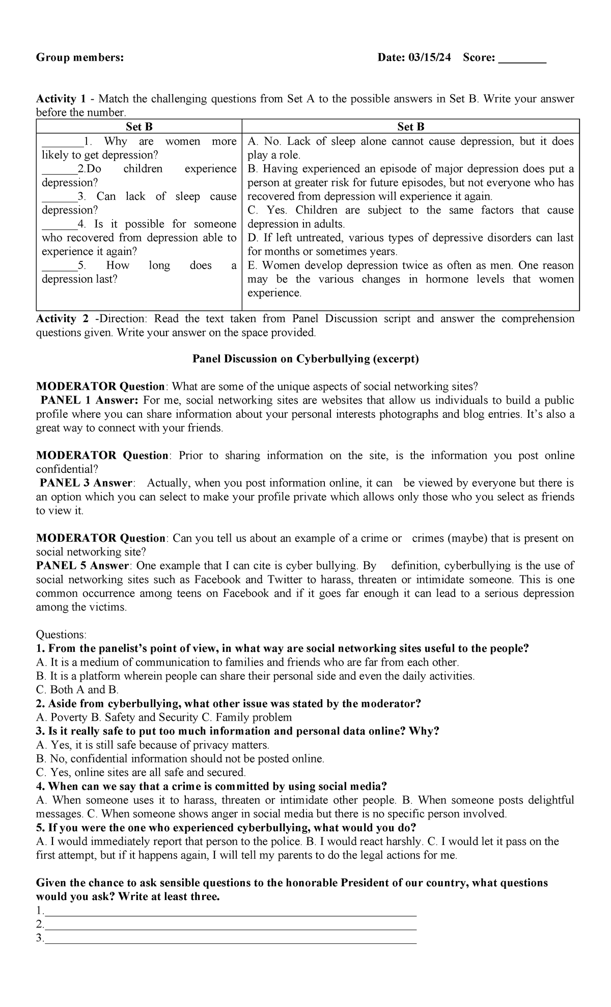 Grade 7 activity - Group members: Date: 03/15/24 Score ...