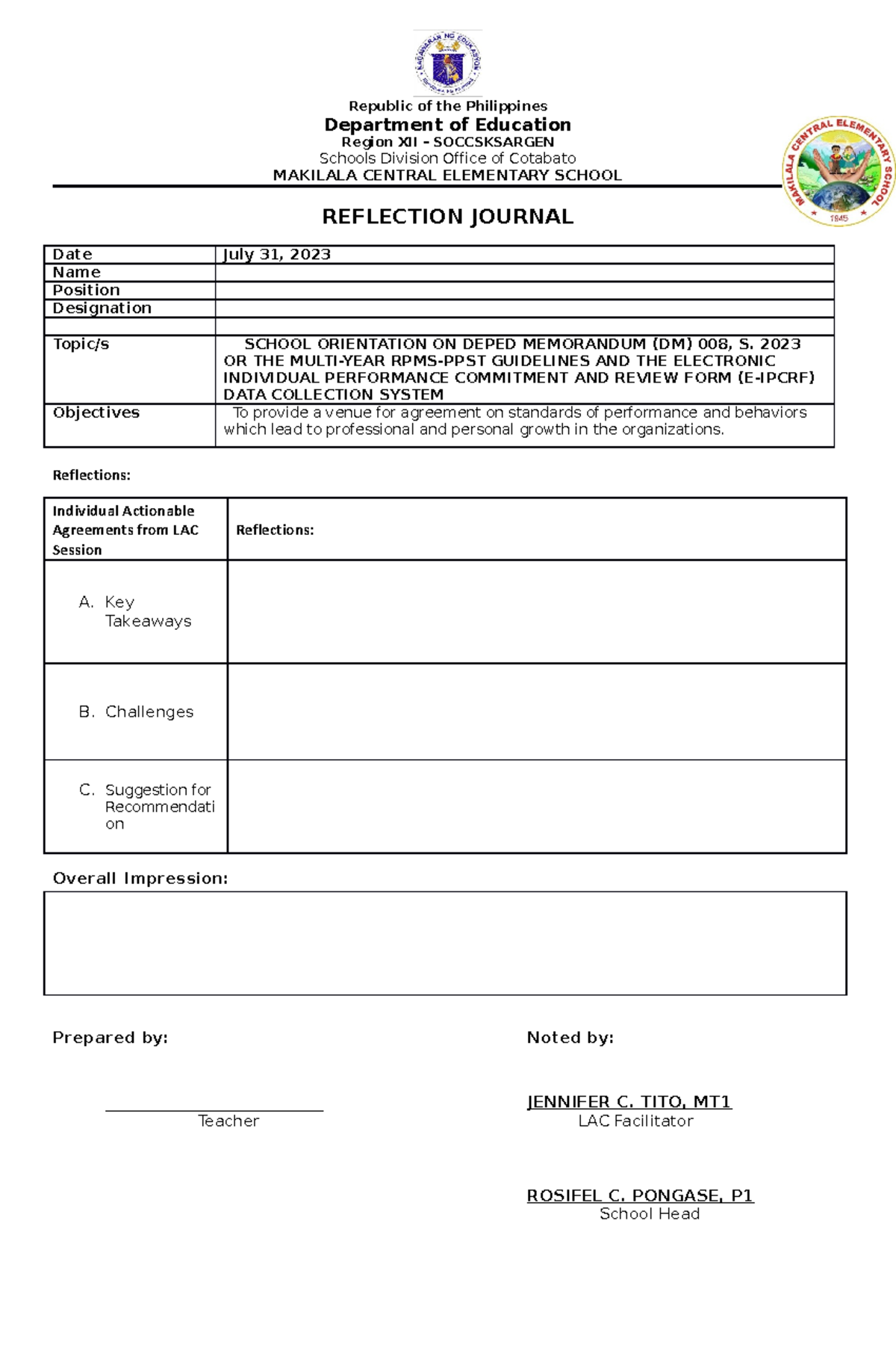 Reflection Journal - Republic of the Philippines Department of ...