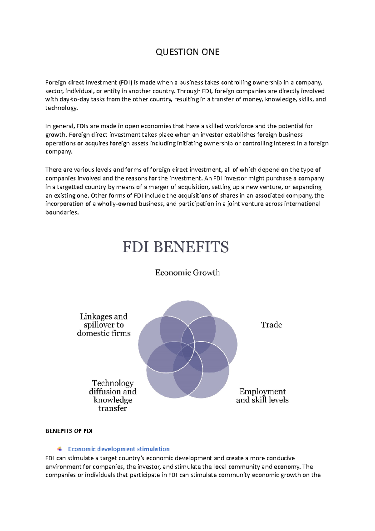 SM S2 Q1 - ASSIGNMENT - QUESTION ONE Foreign direct investment (FDI) is ...