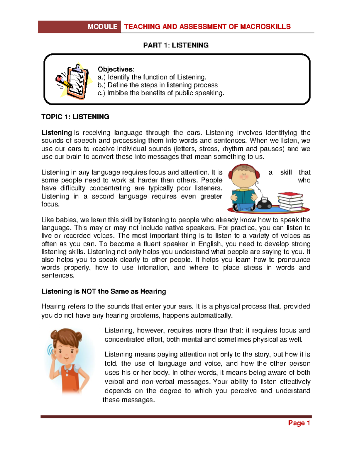 PART 1- Topic 1 & 2 Listening - PART 1: LISTENING Objectives: a ...