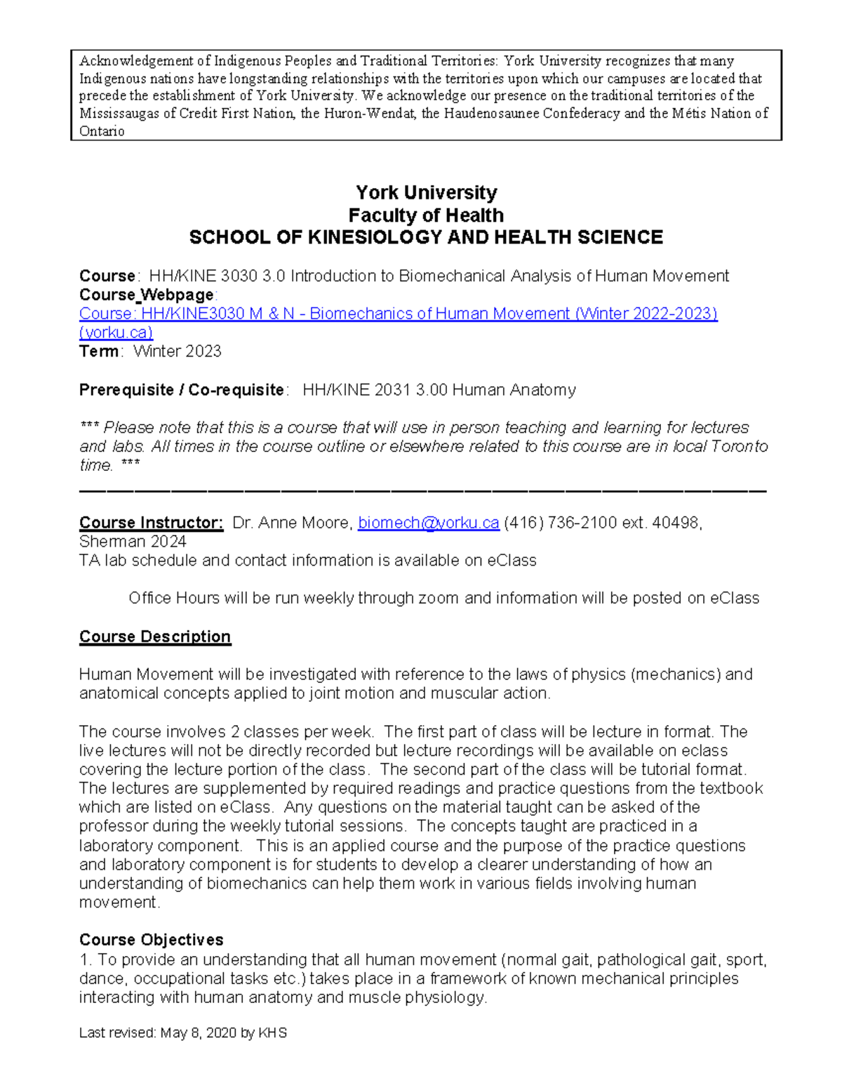 KINE 3030 w23 Course outline - Acknowledgement of Indigenous Peoples ...