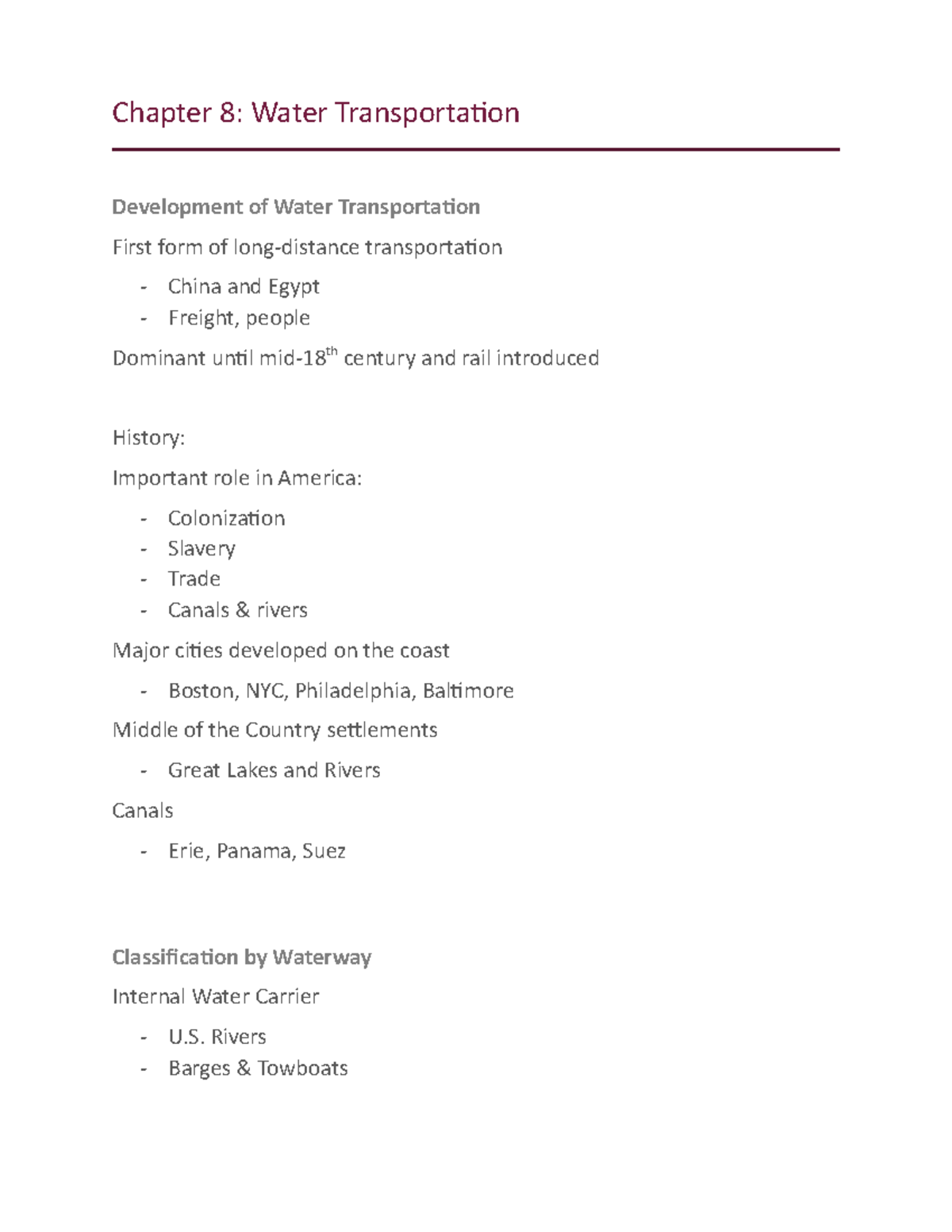 Chapter 8 Water SCMN 3720 - Chapter 8: Water Transportation Development ...