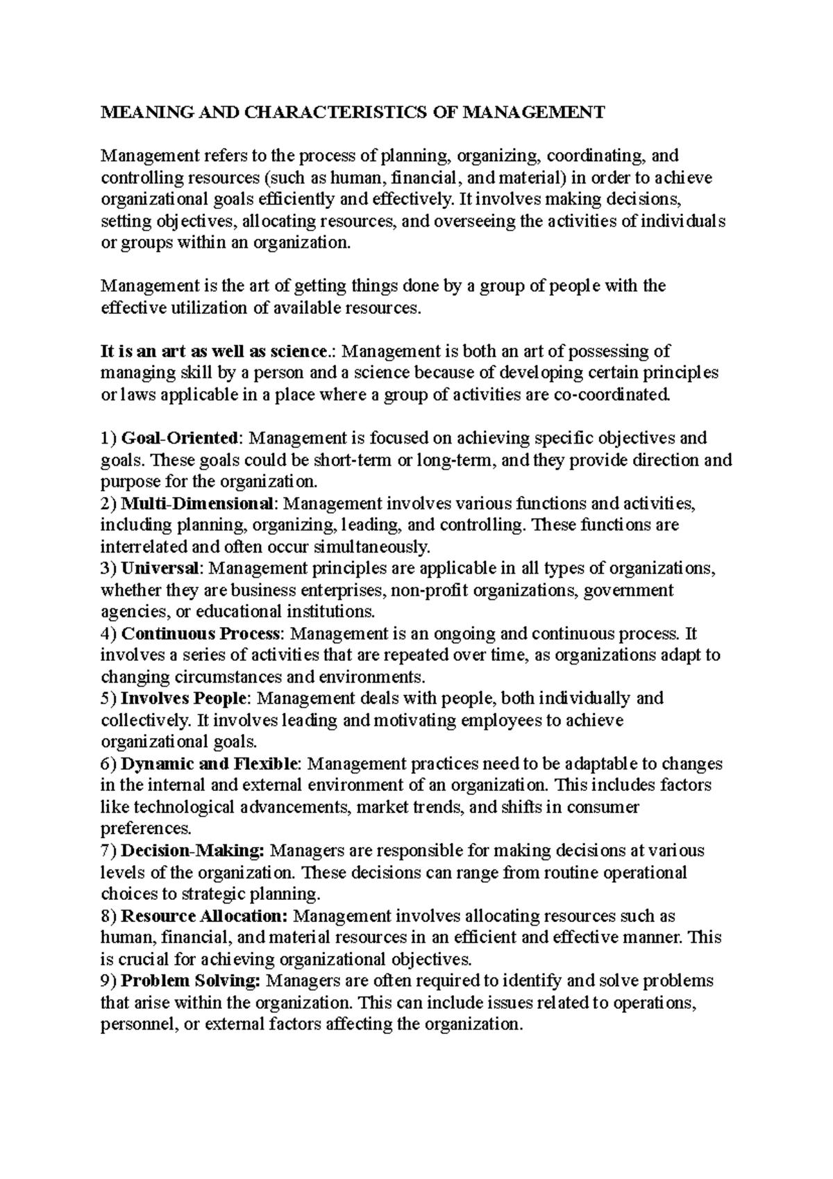 Evolution AND Theories OF Management - MEANING AND CHARACTERISTICS OF ...