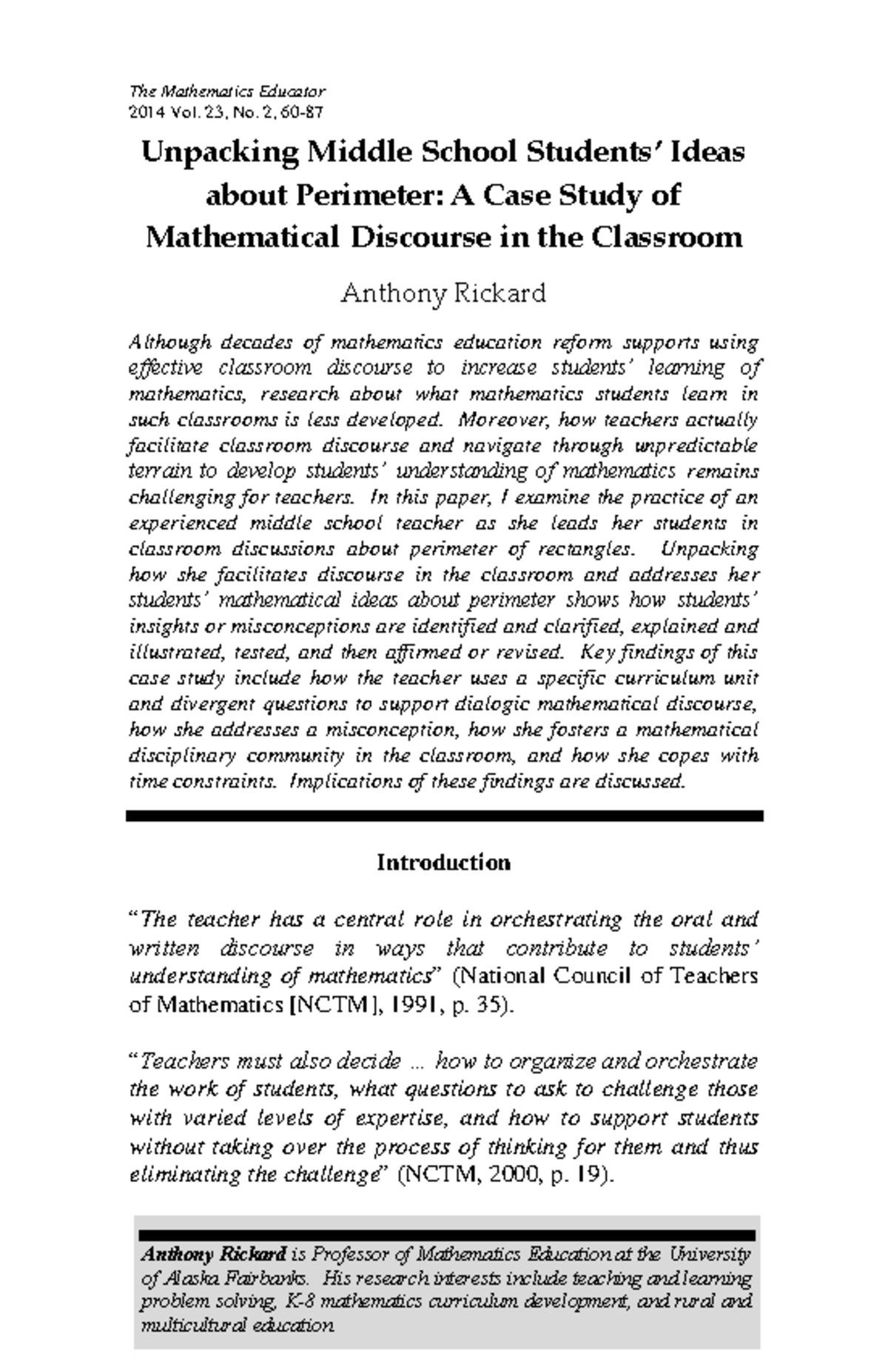 A Case Study of Mathematical Discourse in the Classroom - The ...