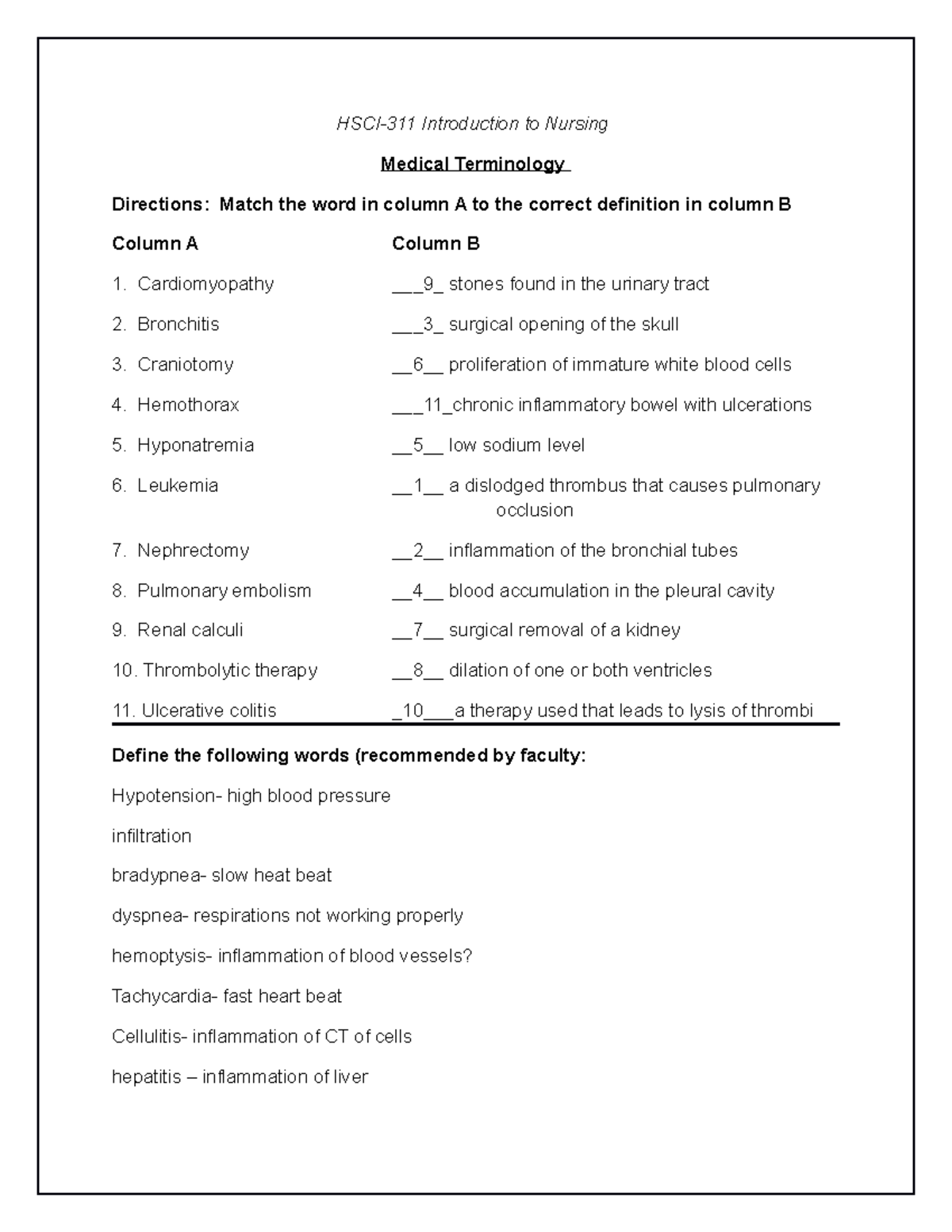 Medical Terminology - HSCI-311 Introduction to Nursing Medical ...