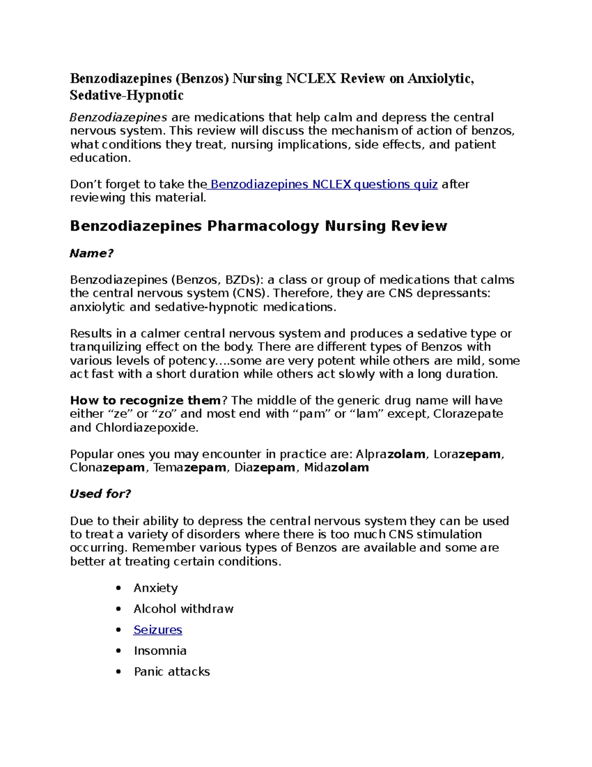 Benzodiazepines Pharmacology Nursing Review - Benzodiazepines (Benzos ...
